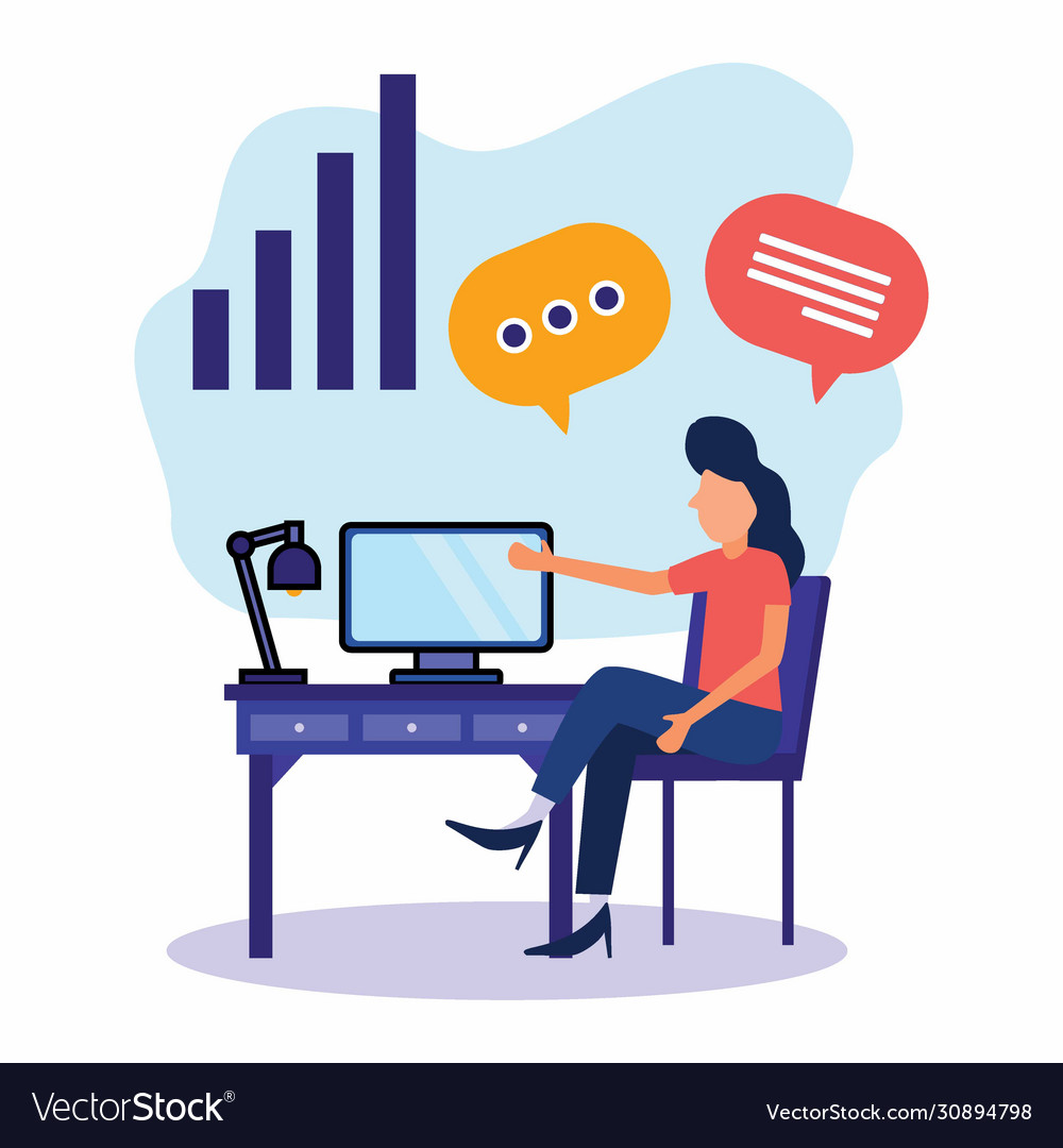 A female businessman uses computer while Vector Image