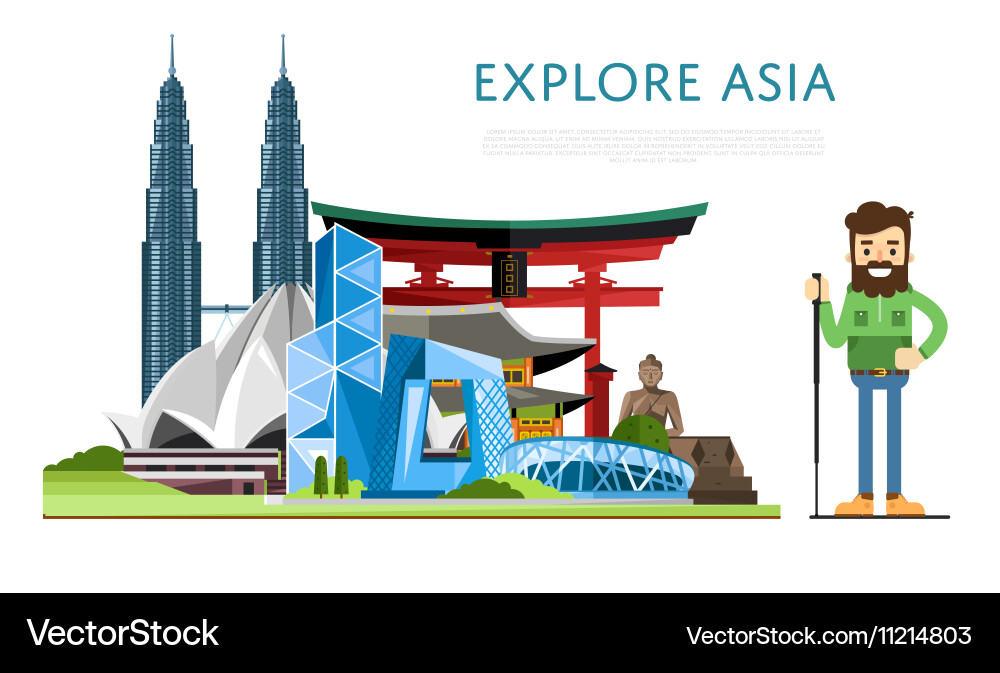 Explore asia banner with famous attractions Vector Image