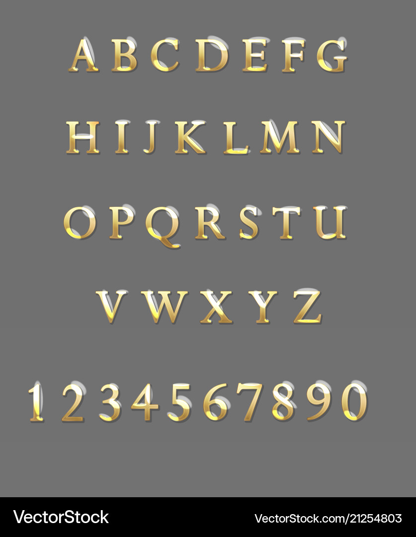 Letters and numbers gold alphabet Royalty Free Vector Image