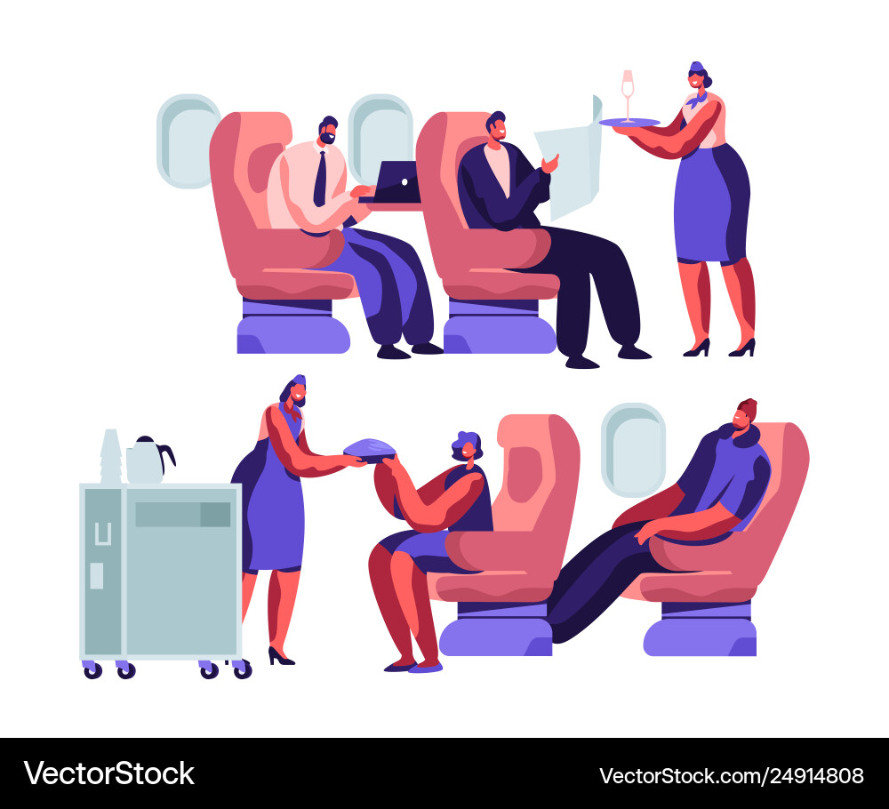 Airplane crew and passenger characters in plane Vector Image