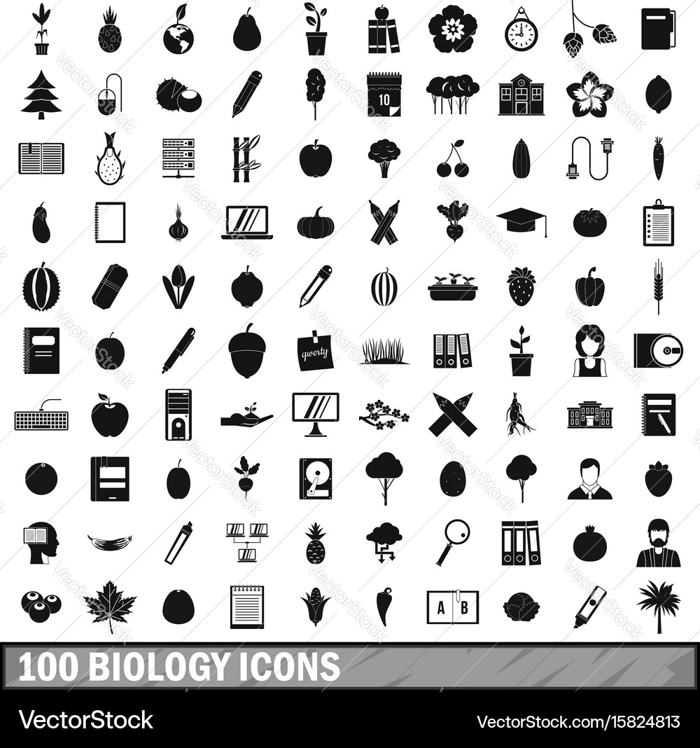 100 biology icons set simple style Royalty Free Vector Image