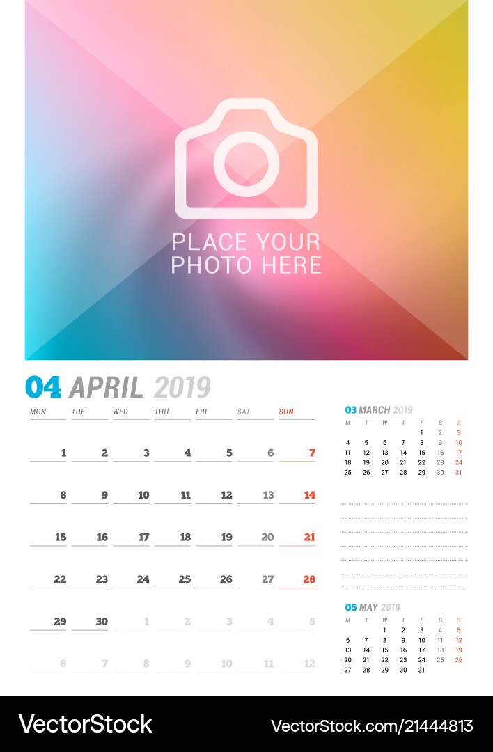 April 2019 wall calendar planner template design Vector Image