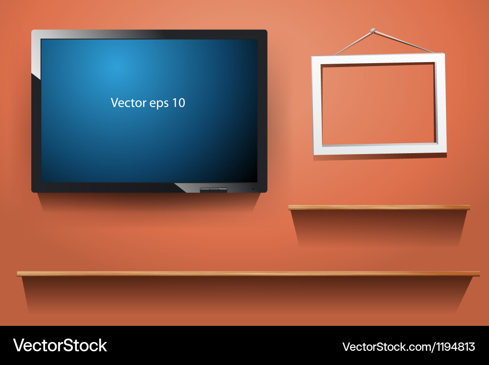 Tv on wall with wood shelf Royalty Free Vector Image