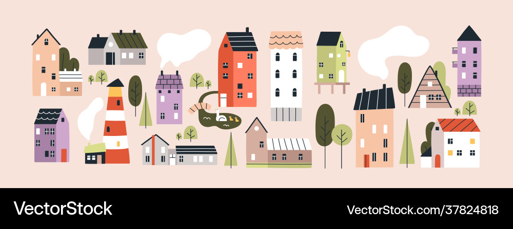 Set isolated cute tiny houses small buildings Vector Image