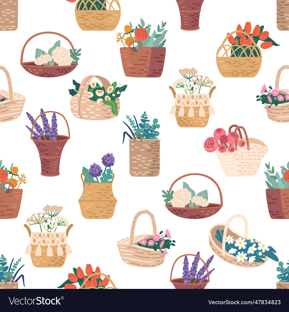 Charming seamless pattern featuring baskets filled