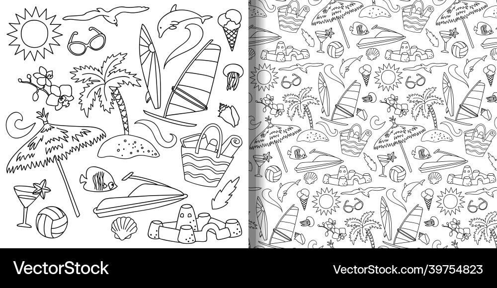 Doodle summer beach set and seamless pattern Vector Image