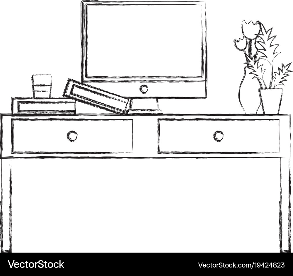 Figure wood desk object with drawers and computer Vector Image