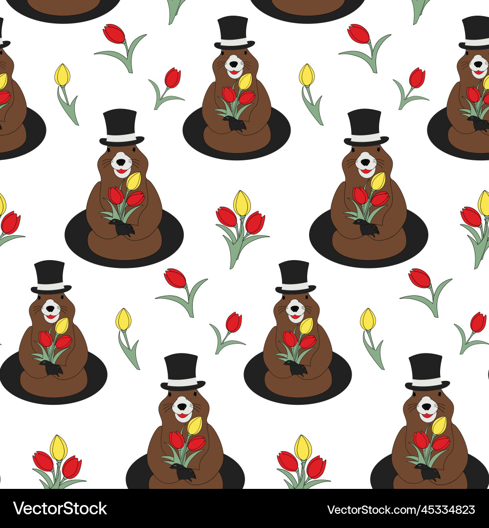 Seamless pattern of a groundhog in a hat Vector Image