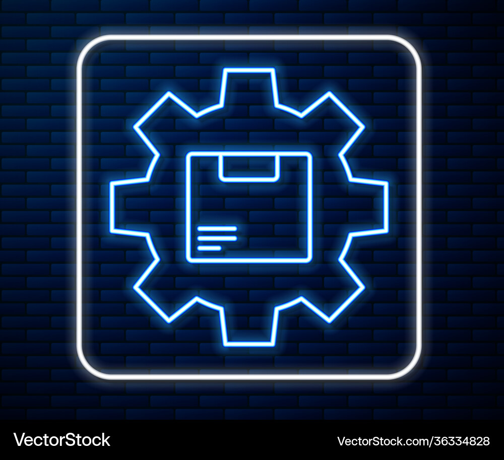 Glowing neon line gear wheel with package box icon