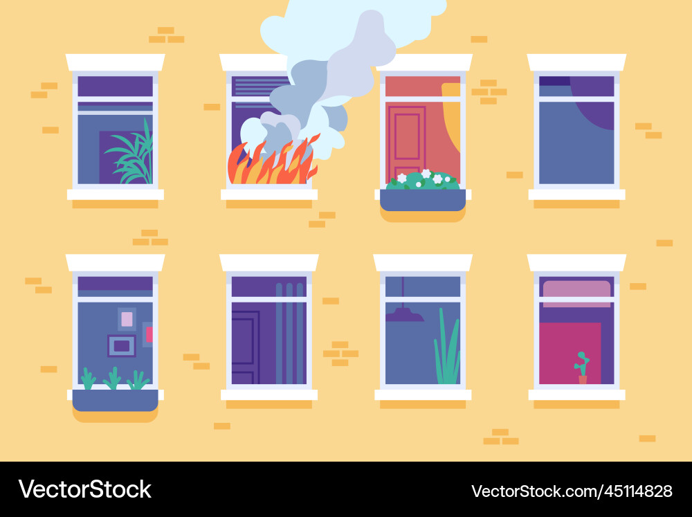 House fire window with burning flames and smoke Vector Image