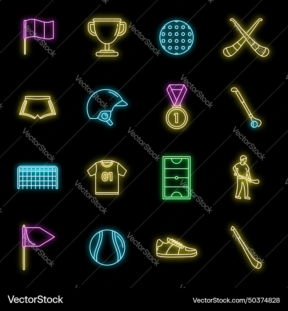 Hurling game icons set neon Royalty Free Vector Image
