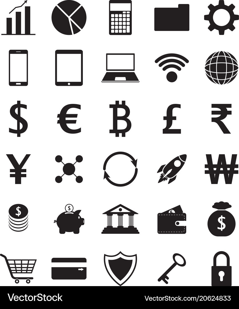 Black fintech flat icons on white background Vector Image