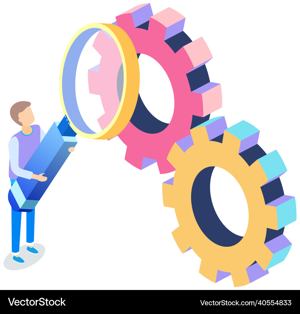 Guy with magnifying glass looks at gears Vector Image