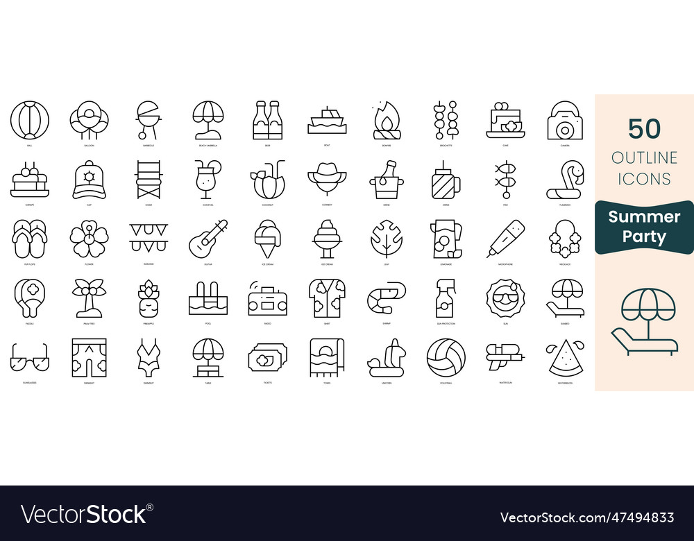 Set of summer party icons thin linear style icons Vector Image