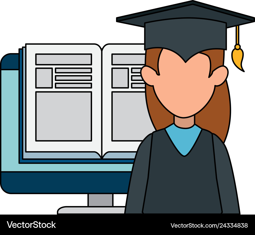 Woman student graduated with computer and book Vector Image