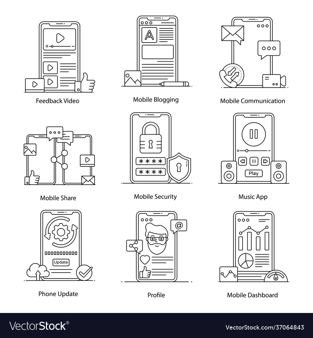 Pack mobile apps linear icons Royalty Free Vector Image