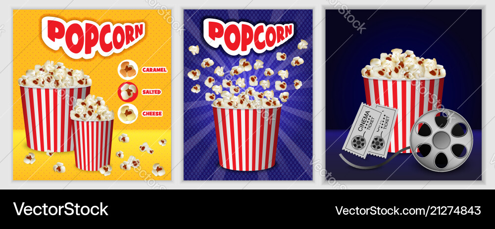 Popcorn cinema box banner set realistic style Vector Image