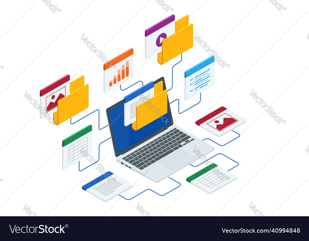 Isometric file in database document flow Vector Image