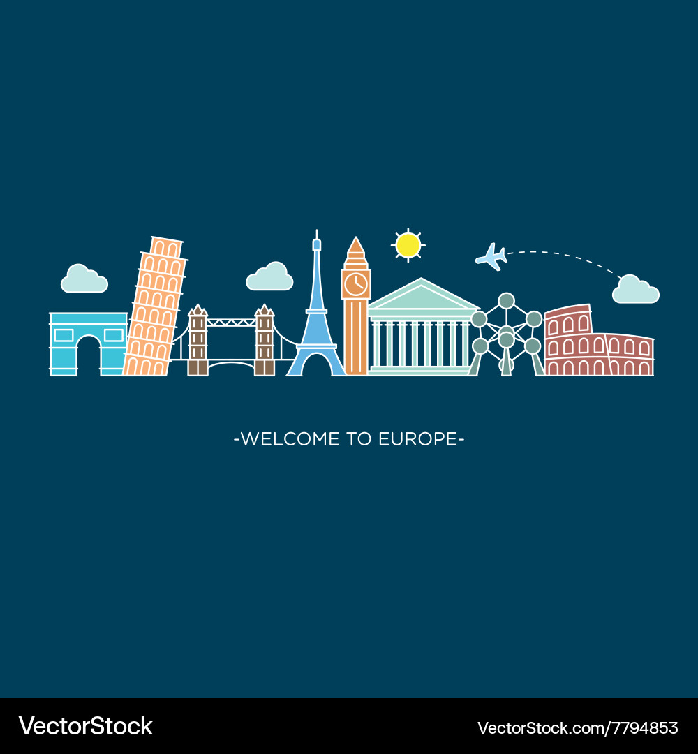 Europe skyline silhouette line style Royalty Free Vector
