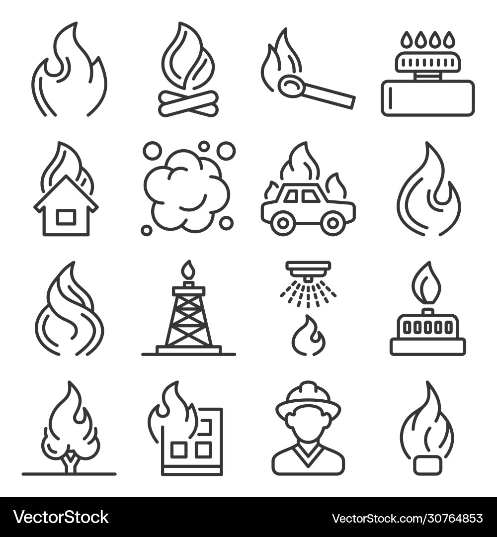 Fere flames and firefighting icons set on white Vector Image