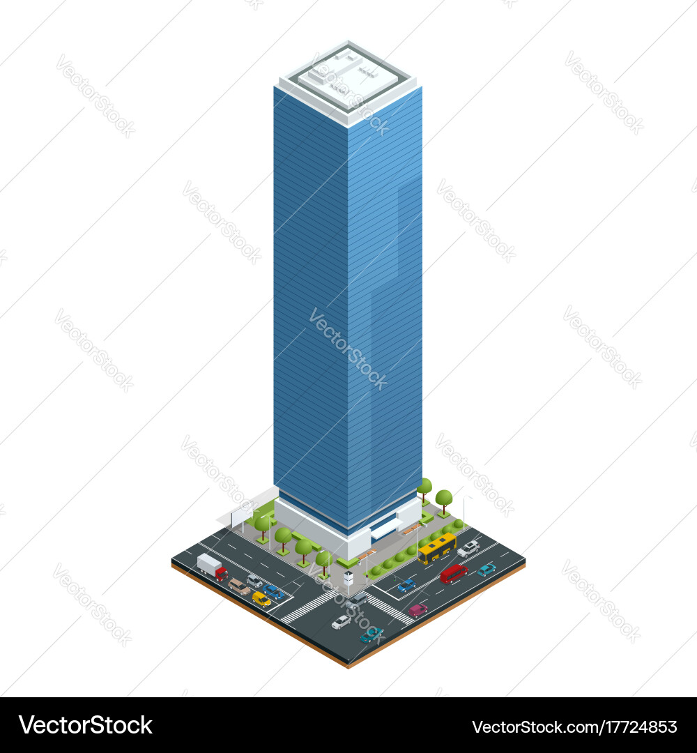 Isometric city houses composition with building Vector Image