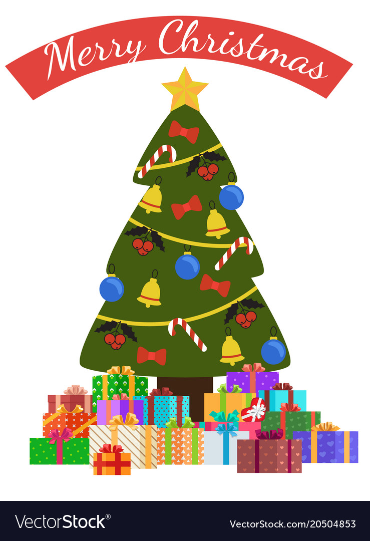 Merry christmas poster with decorated tree Vector Image