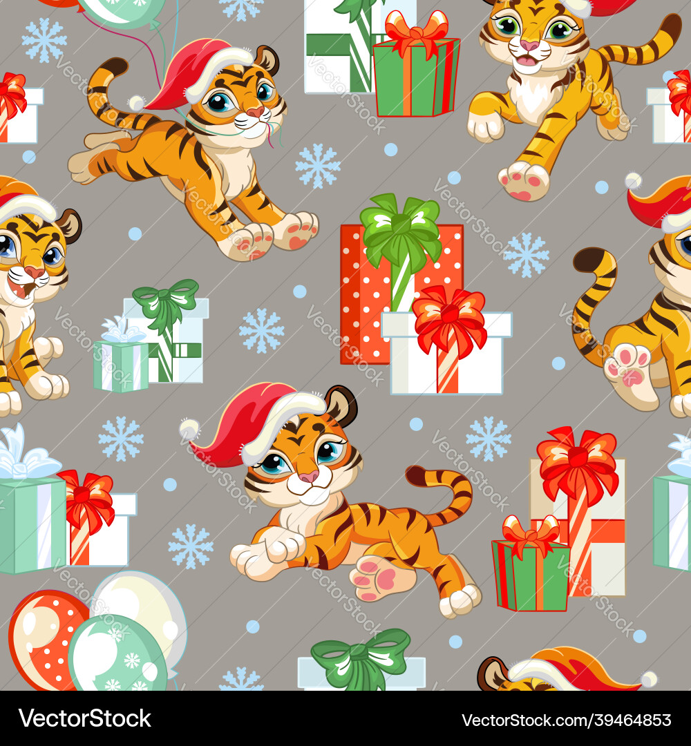Seamless pattern with cute christmas tigers Vector Image