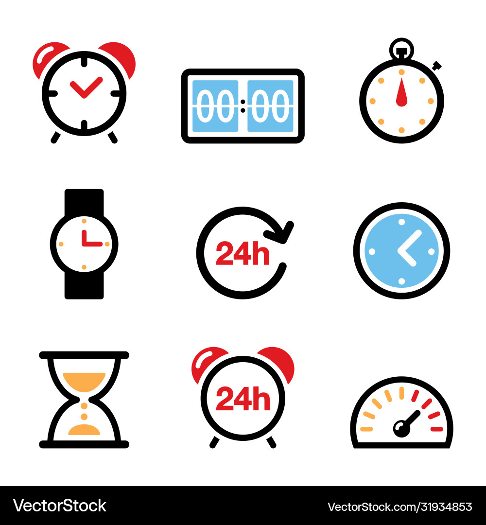 Time clock color icons set - alarm Royalty Free Vector Image