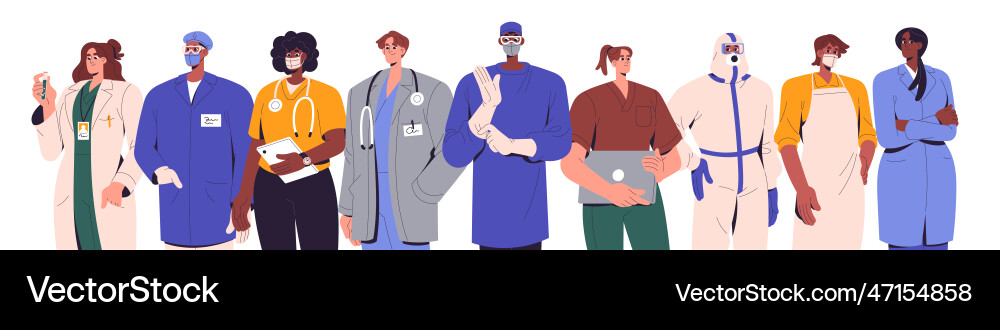 Doctors nurses health workers team in row Vector Image