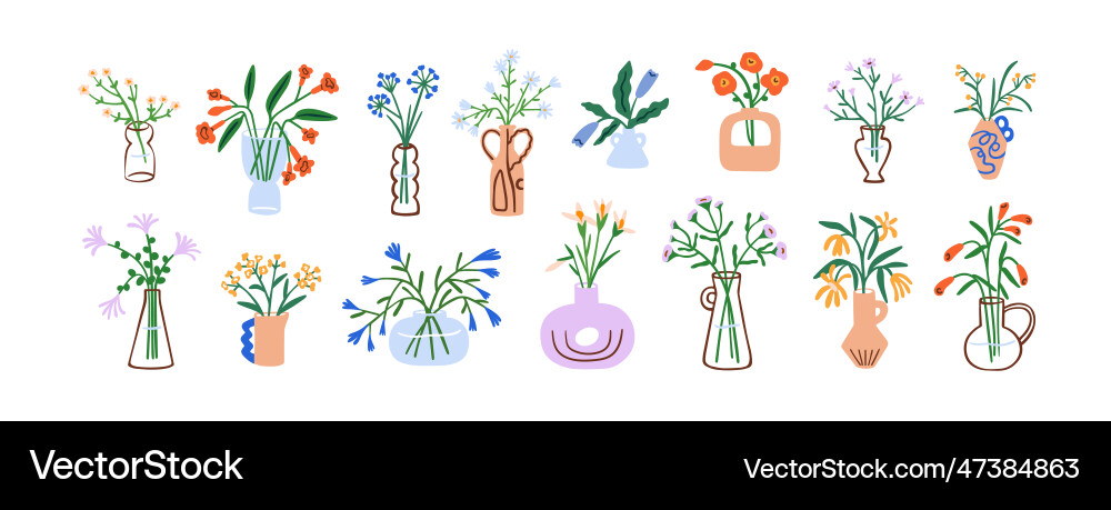 Blooming wild flowers in vases set delicate Vector Image