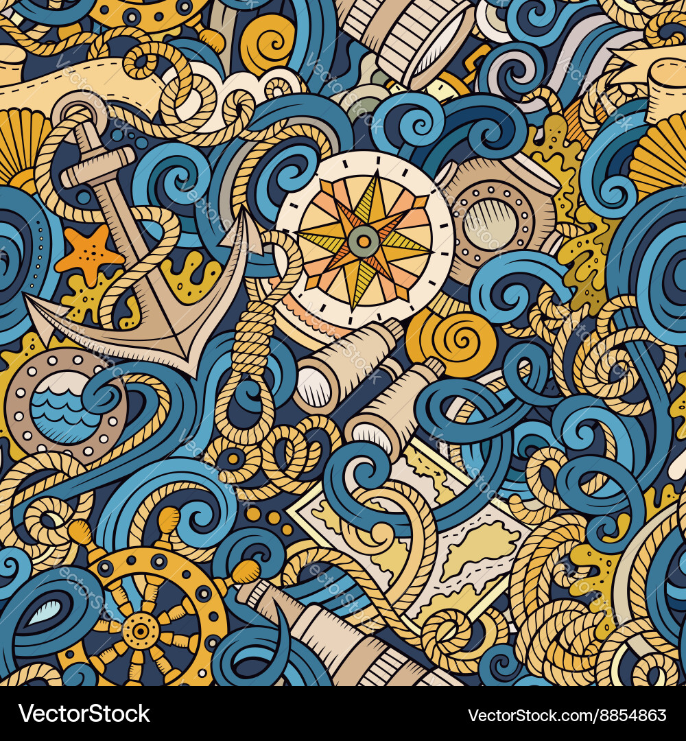 Cartoon hand-drawn nautical doodles seamless Vector Image