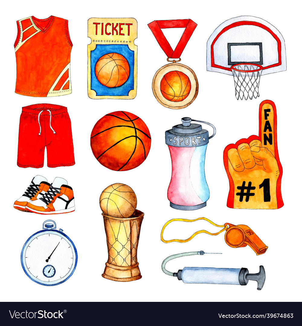 Large watercolor set of sports equipment Vector Image