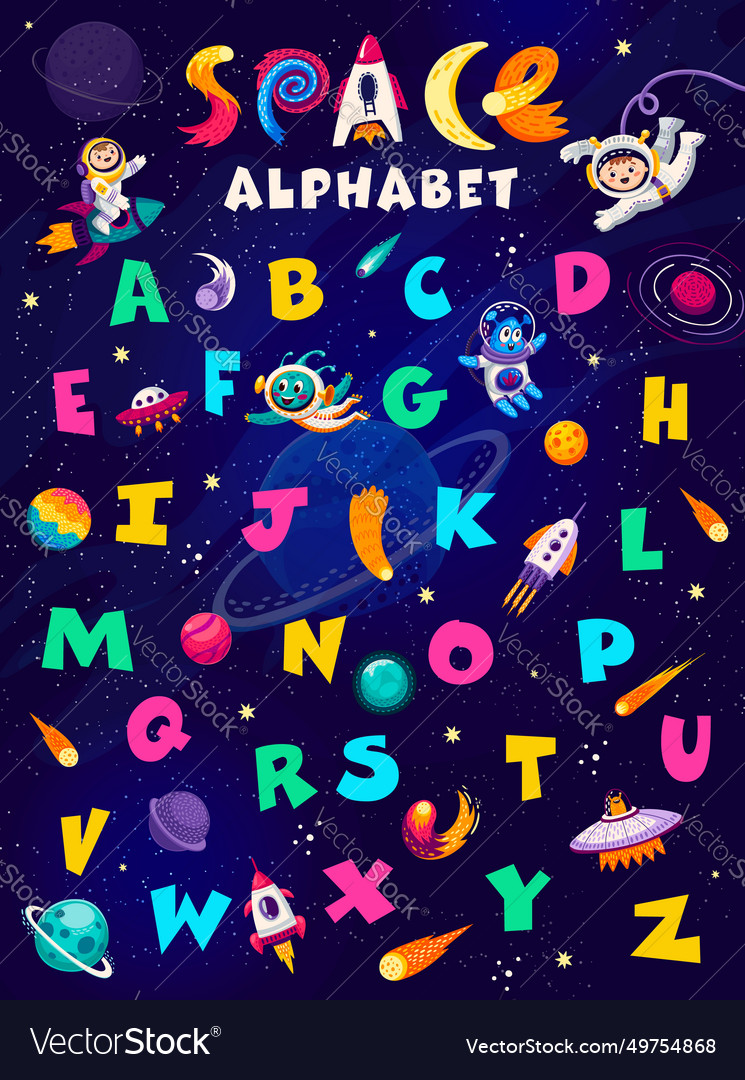 Cartoon space alphabet planets astronauts ufo Vector Image