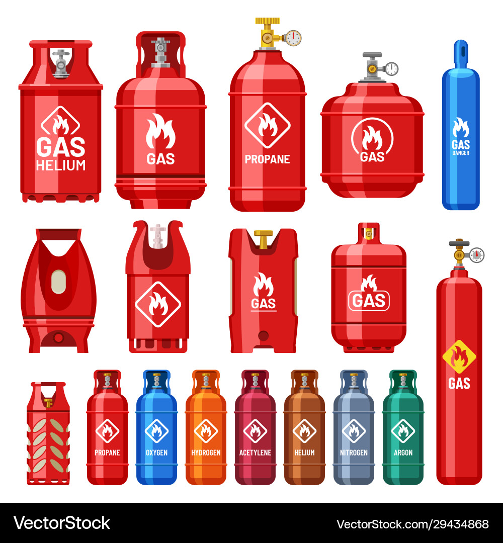 Different gas cylinders with valve and meter gauge