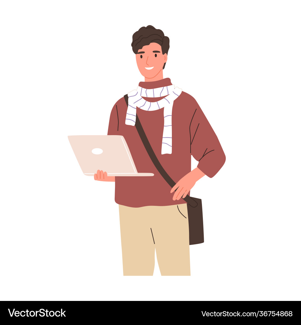 Happy modern student holding laptop young smiling Vector Image