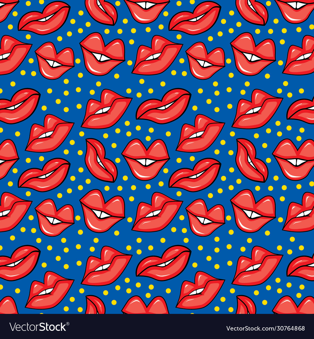 Red lips seamless pattern on a blue background Vector Image