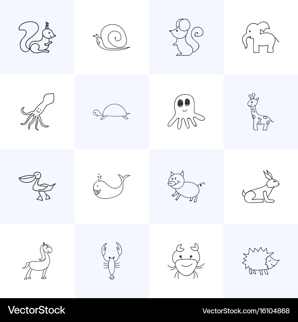 Set of 16 editable animal doodles includes Vector Image