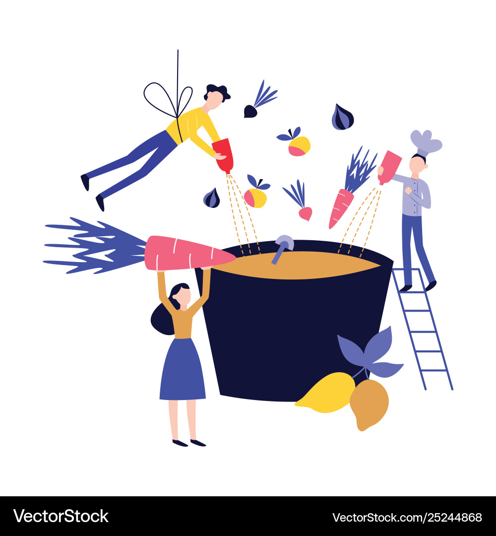 Small people cooking dish in huge pot or cauldron Vector Image