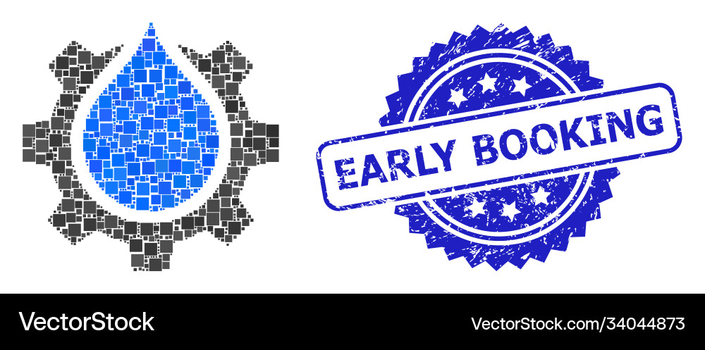 Grunge early booking stamp and square dot collage Vector Image
