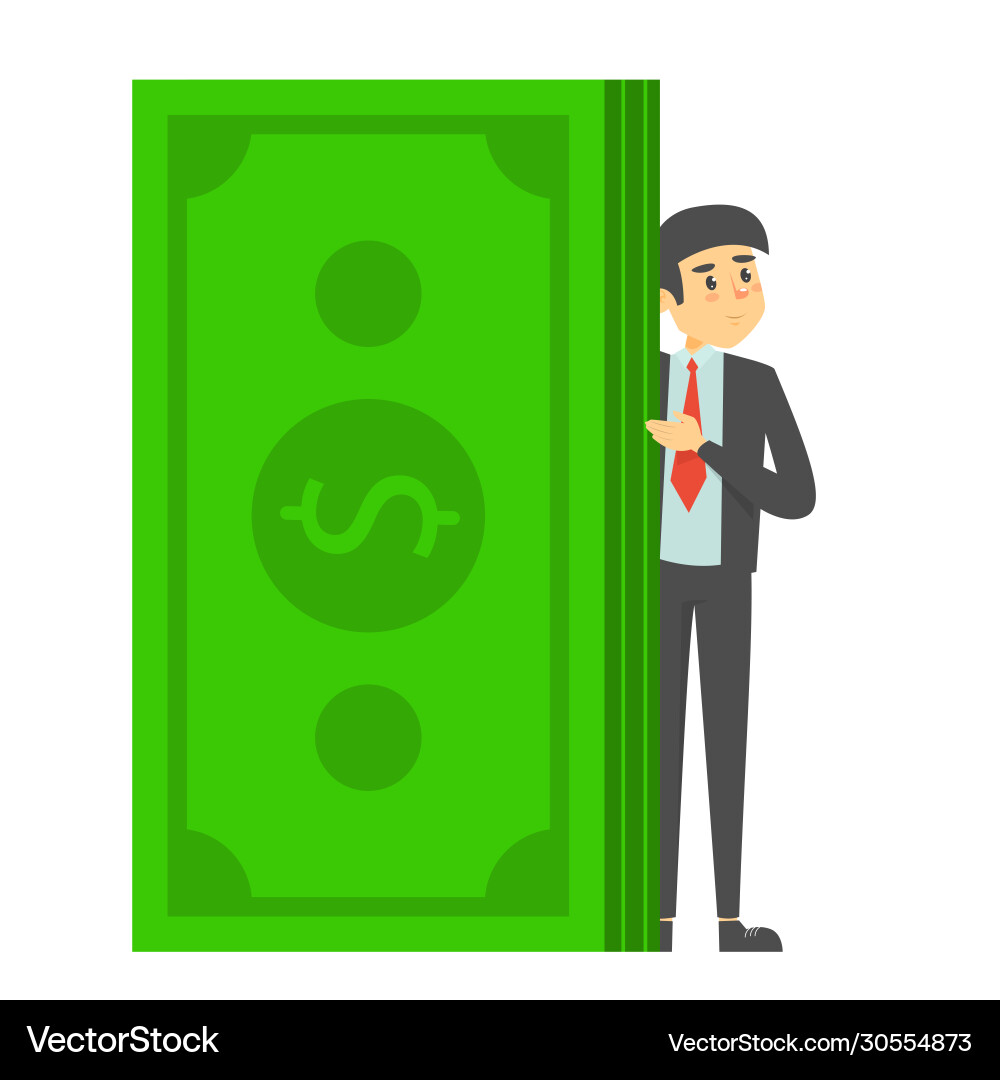 Happy businessman standing at huge banknotes Vector Image