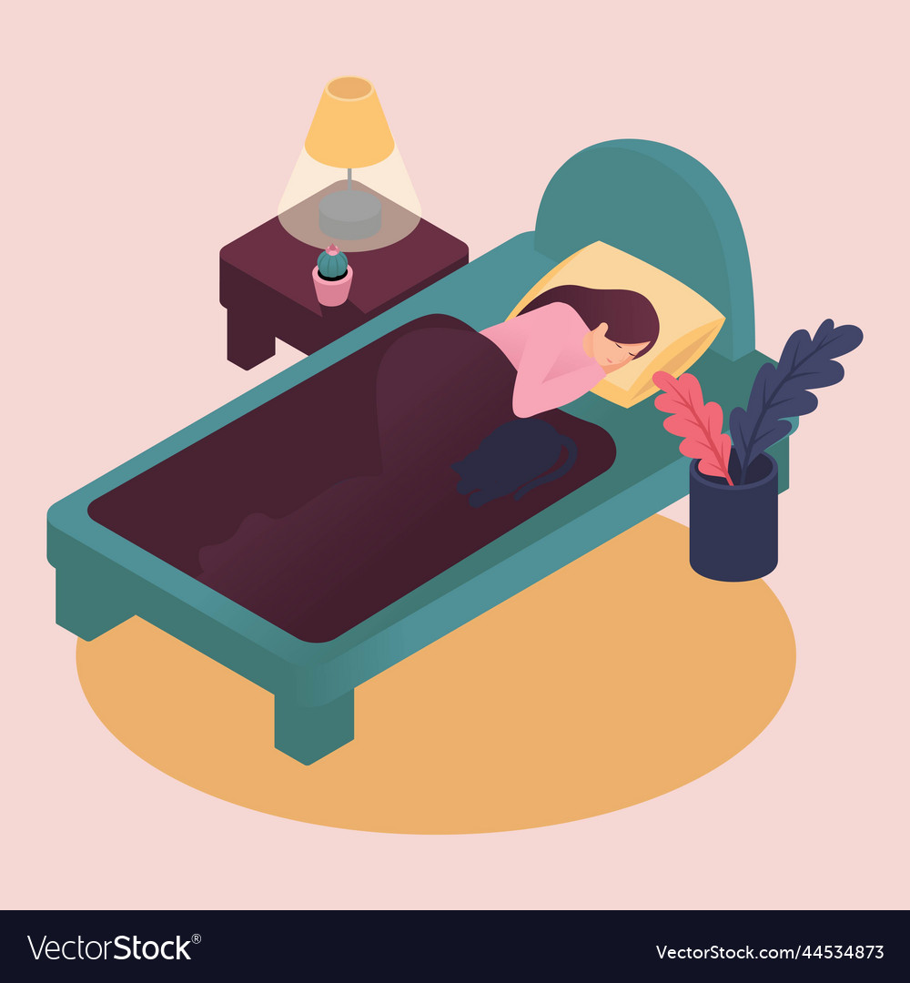 Isometric young woman sleeping alone in bed Vector Image Isometric young woman sleeping alone in bed Vector Image