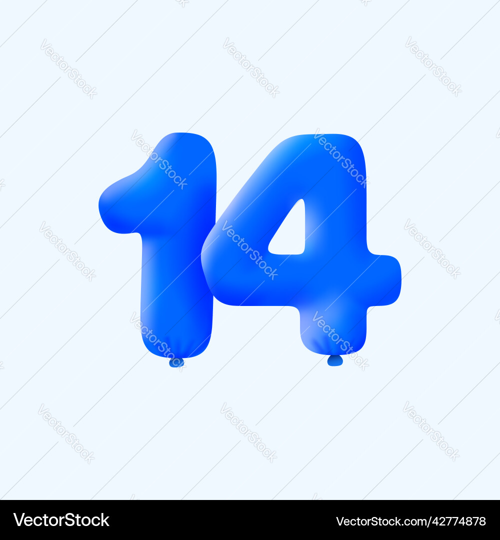 Blue 3d number 14 balloon realistic helium Vector Image