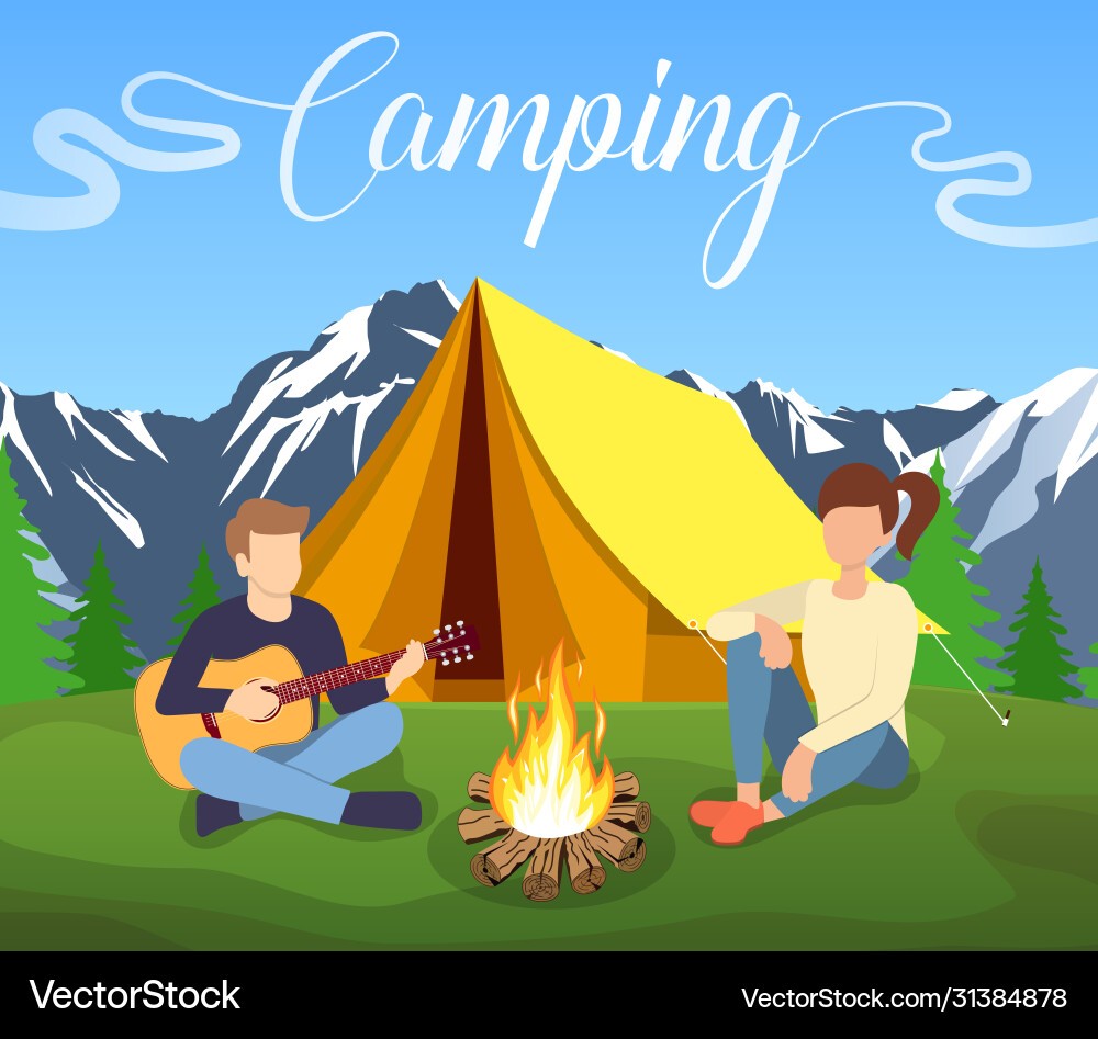 Group young people are sitting around campfire Vector Image