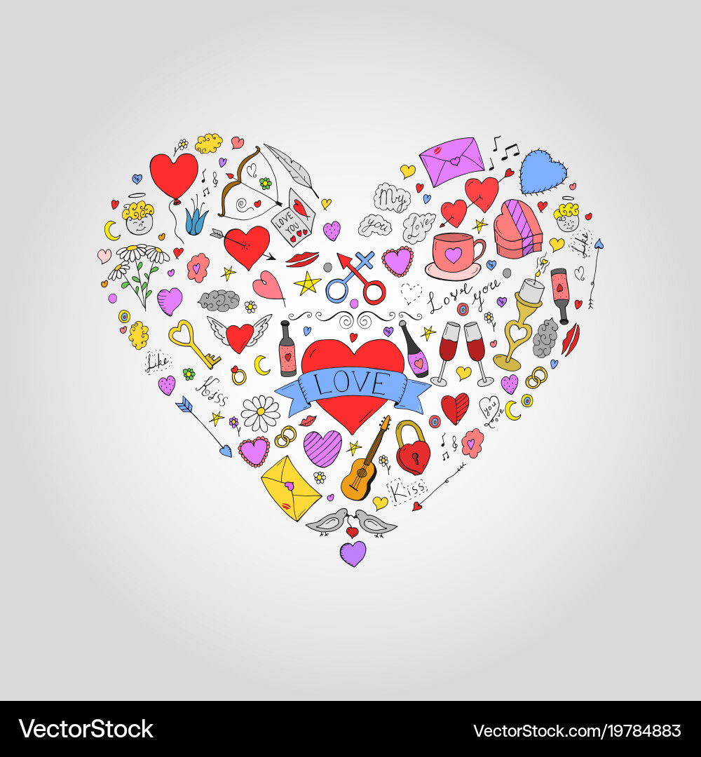 Abstract colorful heart with valentines day doodle