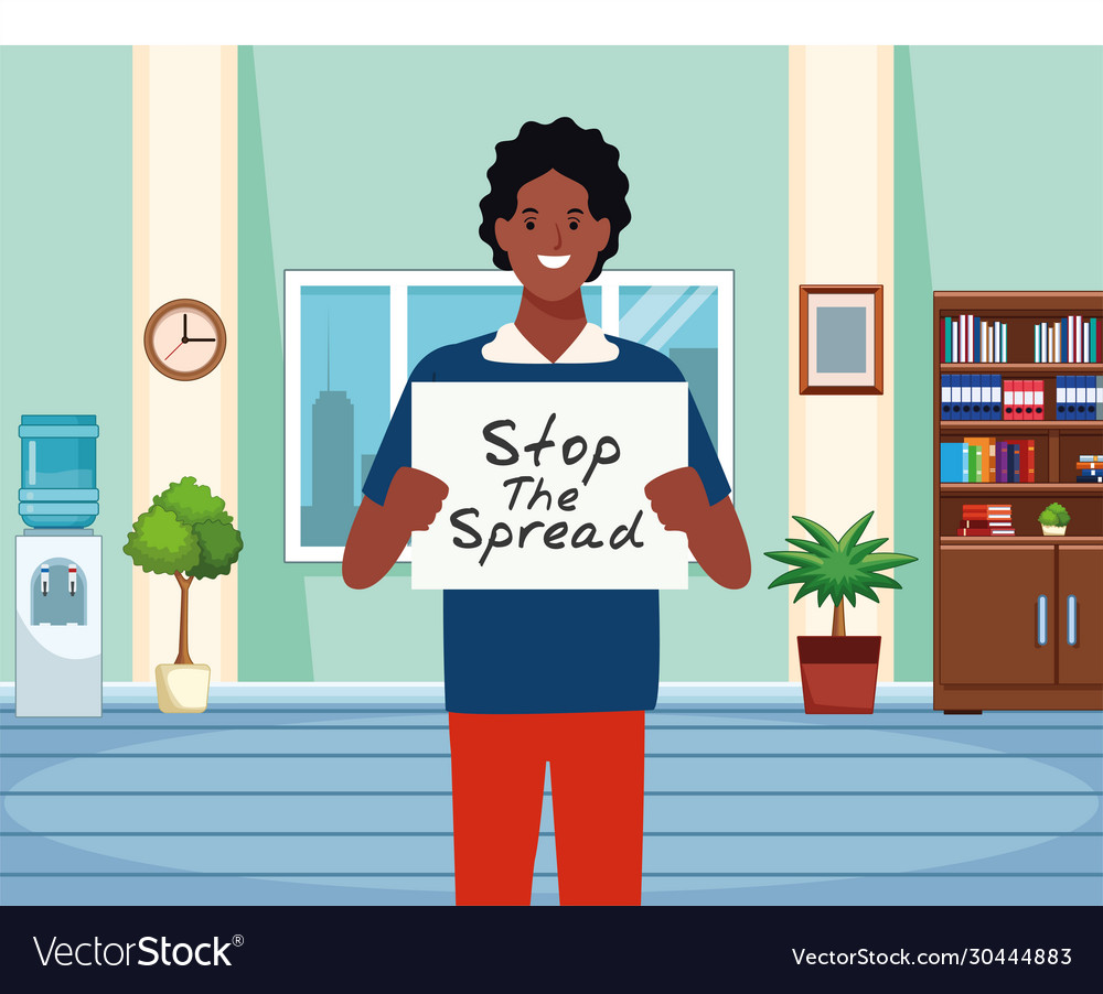 Afro man with stop spread covid19 banner Vector Image