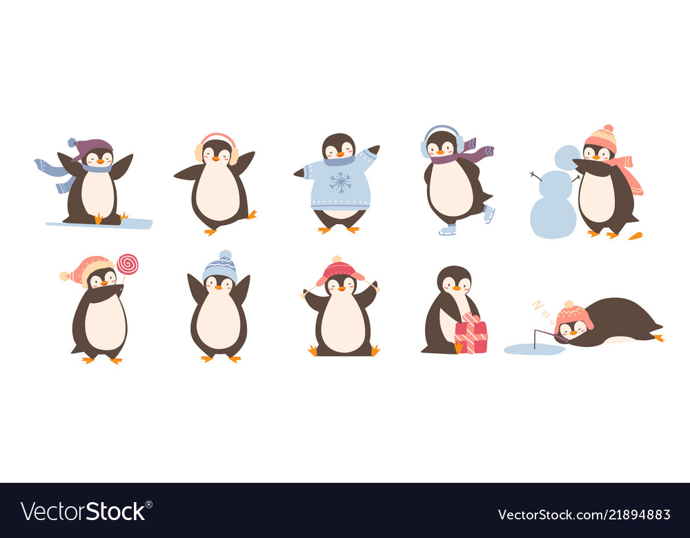 Bundle adorable penguins wearing winter Royalty Free Vector