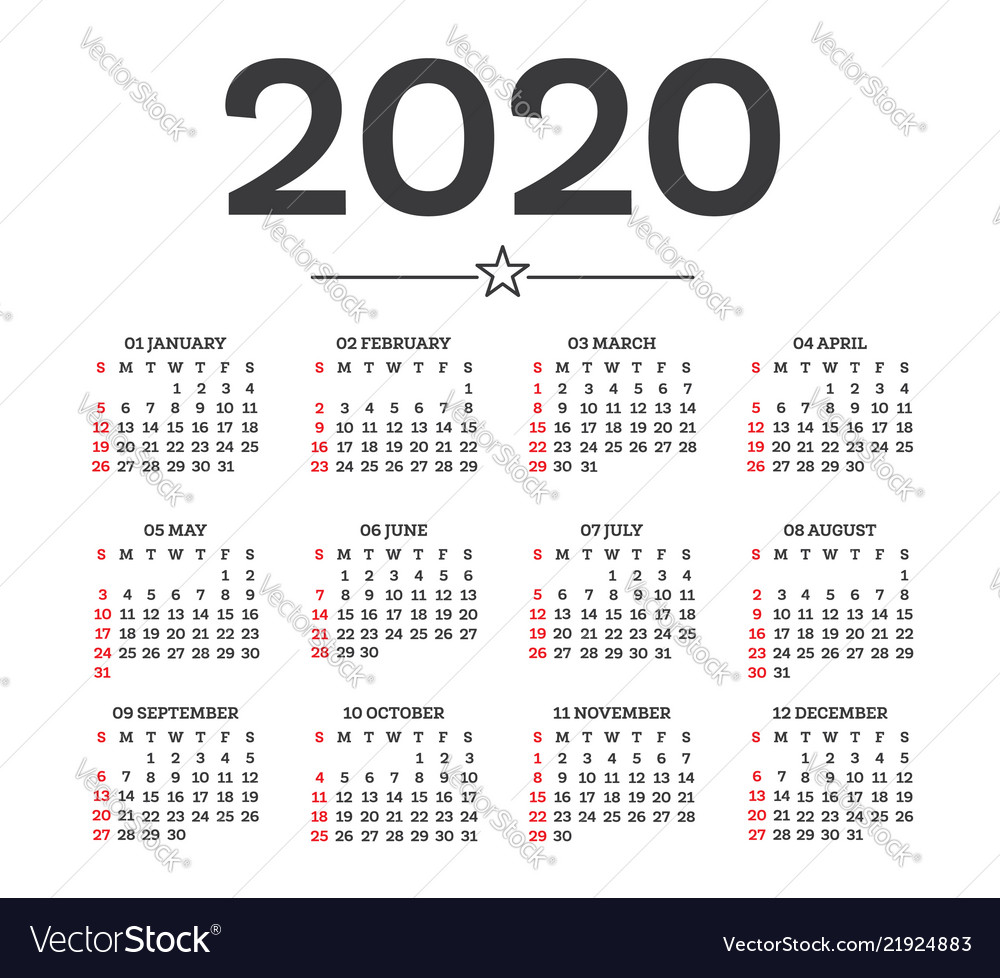Calendar 2020 Isolated On White Background Week Vector Image
