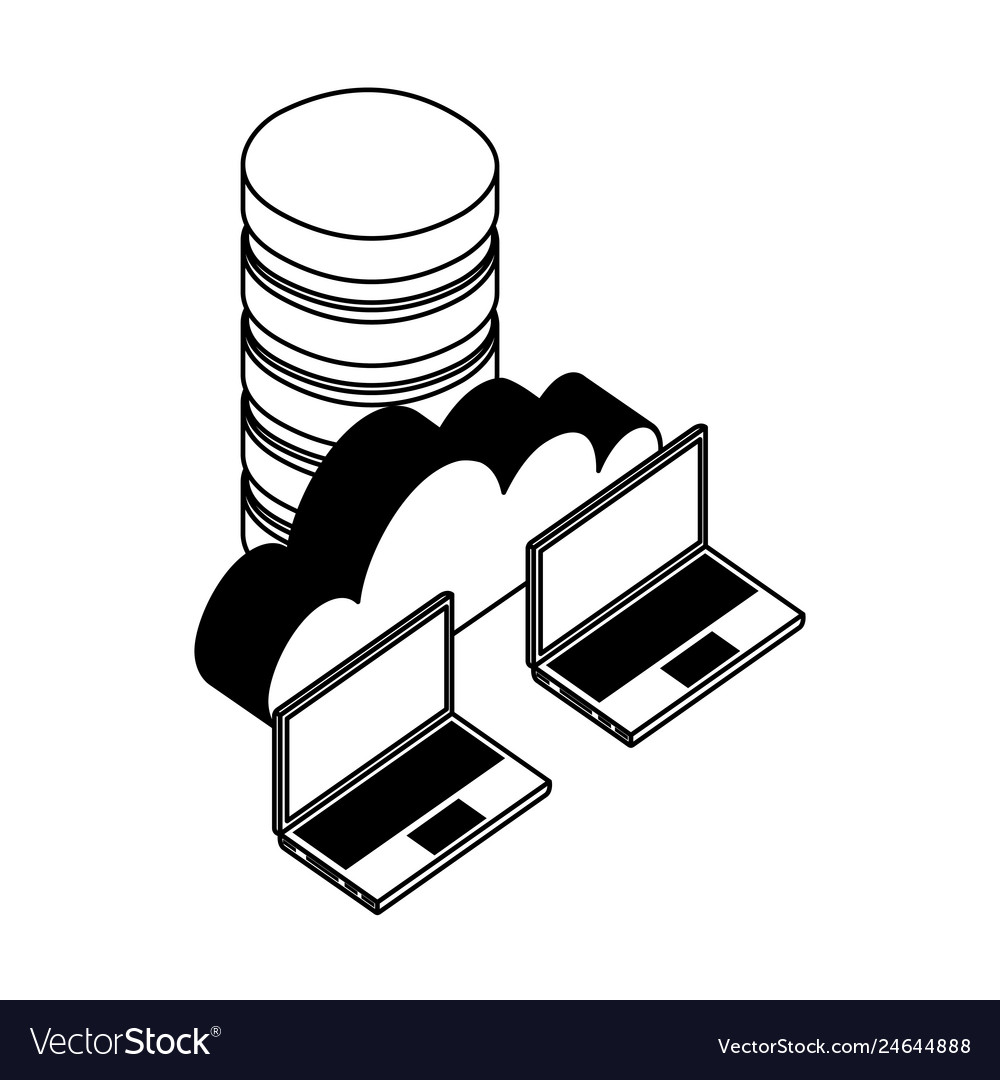 Data center disks with laptops computers and cloud