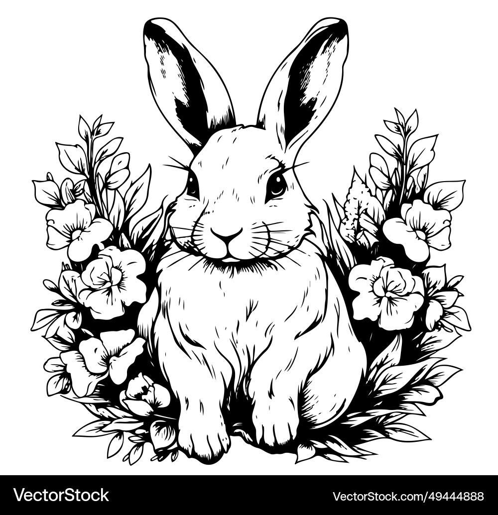 Easter bunny in flowers hand drawn sketch Vector Image