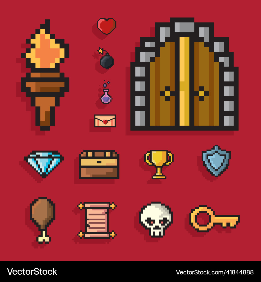 Fourteen pixelated art items Royalty Free Vector Image